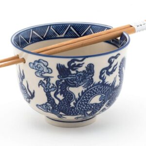 Happy Sales, Multi Purpose 5" D Ramen Udon Soba Pho Noodle Donburi Rice Tayo Bowl with Chopsticks (BlueDragon)