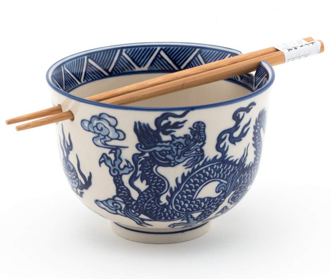 Happy Sales, Multi Purpose 5" D Ramen Udon Soba Pho Noodle Donburi Rice Tayo Bowl with Chopsticks (BlueDragon)