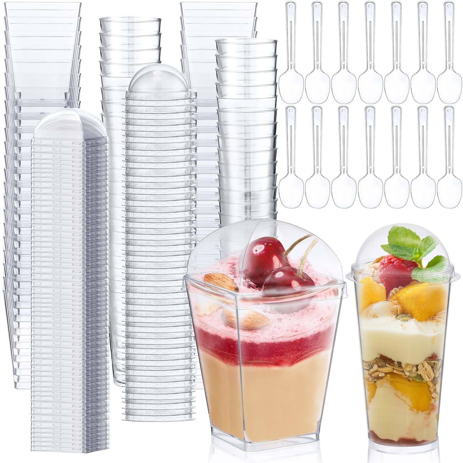 200 Pack Dessert Cups with Lids and Spoons 5.6 oz Square Mini Dessert Cups 3 oz Round Plastic Shooter Cups Clear parfait cups Appetizer Cups for Birthday Wedding Party Pudding, Fruit and Ice Cream