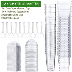 200 Pack Dessert Cups with Lids and Spoons 5.6 oz Square Mini Dessert Cups 3 oz Round Plastic Shooter Cups Clear parfait cups Appetizer Cups for Birthday Wedding Party Pudding, Fruit and Ice Cream