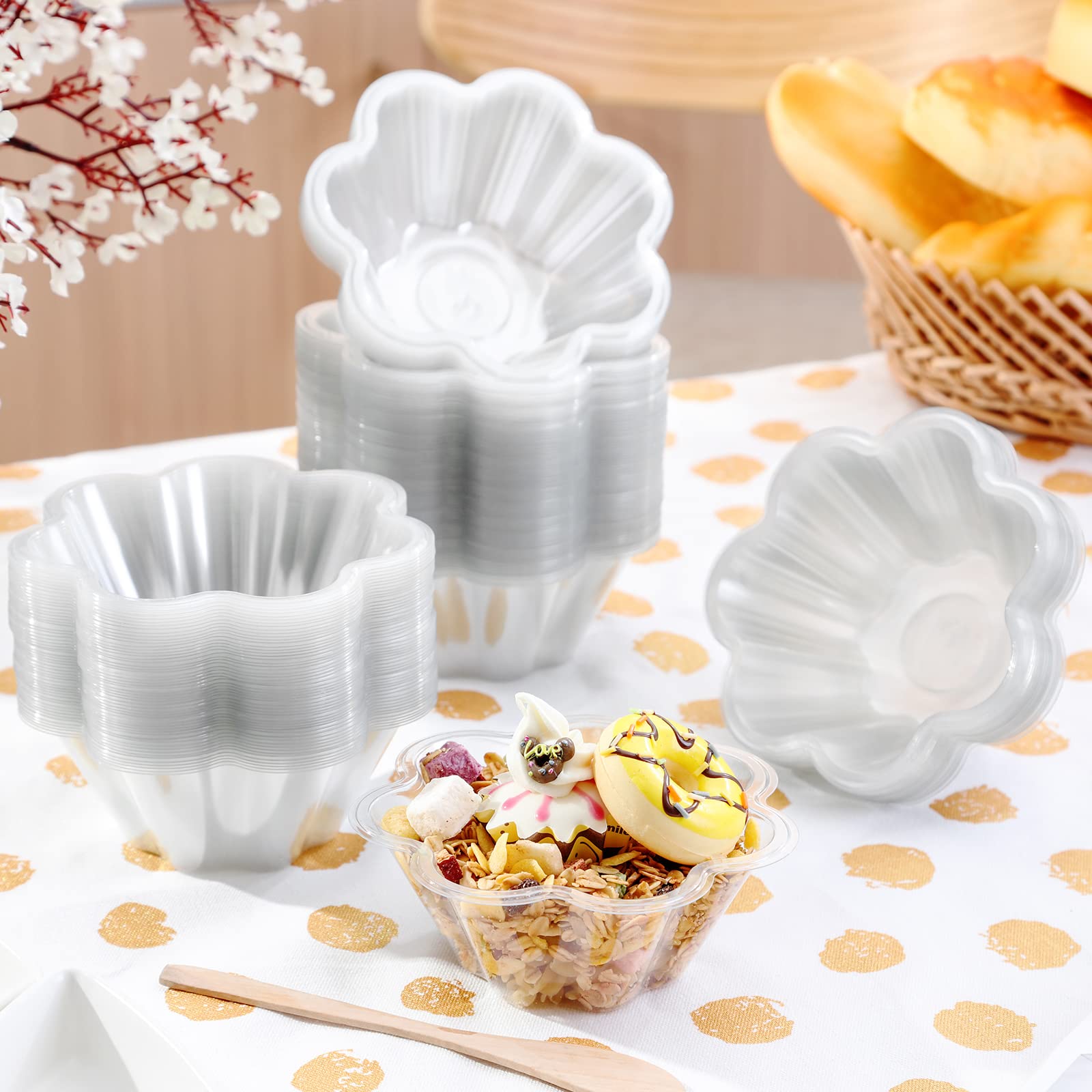 150 Pcs 8.45 oz Clear Plastic Dessert Cups Flower Shape Ice Cream Bowls Flower Dessert Bowls Floral Appetizer Cups Disposable Flower Plastic Bowls for Serving Parfait Fruit Salad Sundae Chocolate