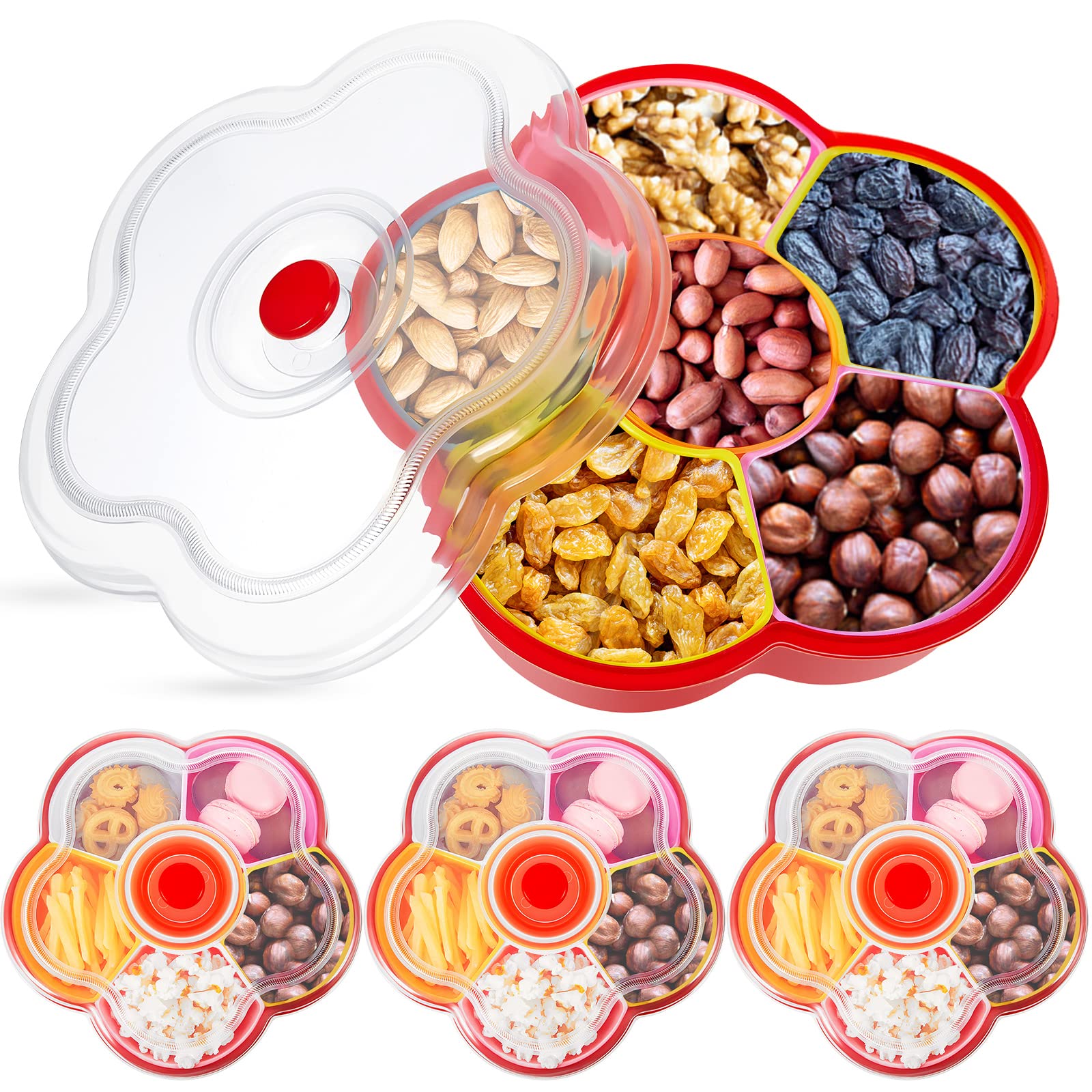 4 Pcs Divided Serving Tray with Lid Colored Flower Shaped Snack Tray Fruit Bowl Candy and Nut Serving Container Appetizer Tray with Lid, 6 Compartment Plastic Food Storage Organizer for Party Supply