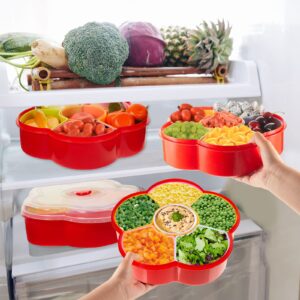 4 Pcs Divided Serving Tray with Lid Colored Flower Shaped Snack Tray Fruit Bowl Candy and Nut Serving Container Appetizer Tray with Lid, 6 Compartment Plastic Food Storage Organizer for Party Supply