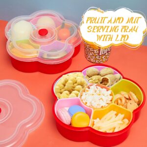 4 Pcs Divided Serving Tray with Lid Colored Flower Shaped Snack Tray Fruit Bowl Candy and Nut Serving Container Appetizer Tray with Lid, 6 Compartment Plastic Food Storage Organizer for Party Supply