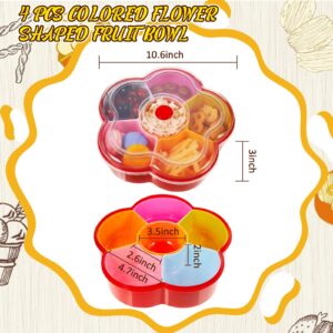 4 Pcs Divided Serving Tray with Lid Colored Flower Shaped Snack Tray Fruit Bowl Candy and Nut Serving Container Appetizer Tray with Lid, 6 Compartment Plastic Food Storage Organizer for Party Supply