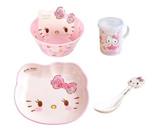 hello kitty cute pink dinnerware flatware meal set – plate bowl cup spoon, 4 pieces