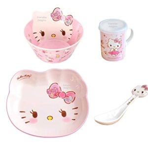 Hello Kitty Cute Pink Dinnerware Flatware Meal Set – Plate Bowl Cup Spoon, 4 pieces