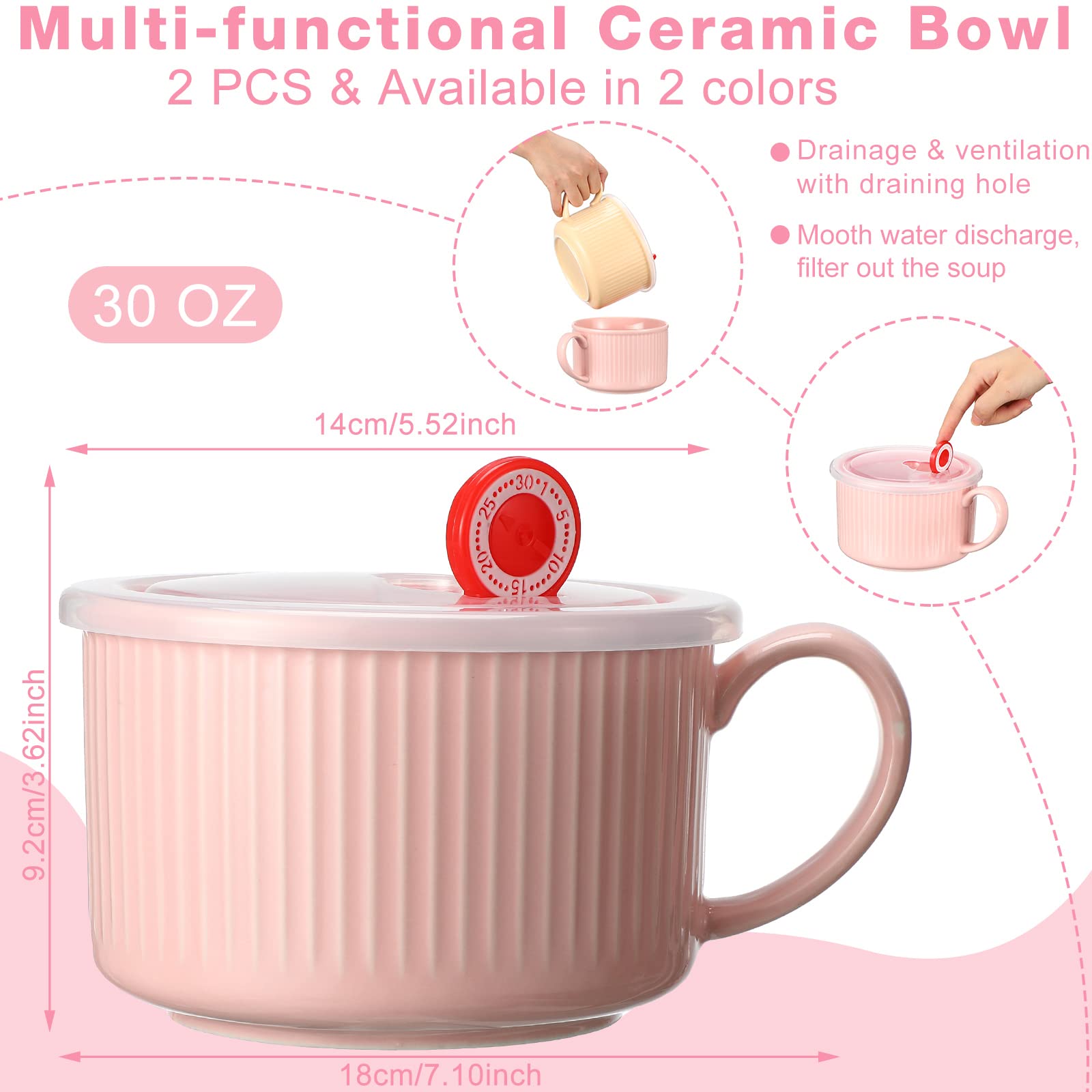 2 Pieces Ceramic Soup Bowls with Handles 30 oz Microwave Safe Bowl with Lid Microwavable Soup Mug with Lid Large Soup Cups for Ramen Noodle Cereal (Pink, Yellow)