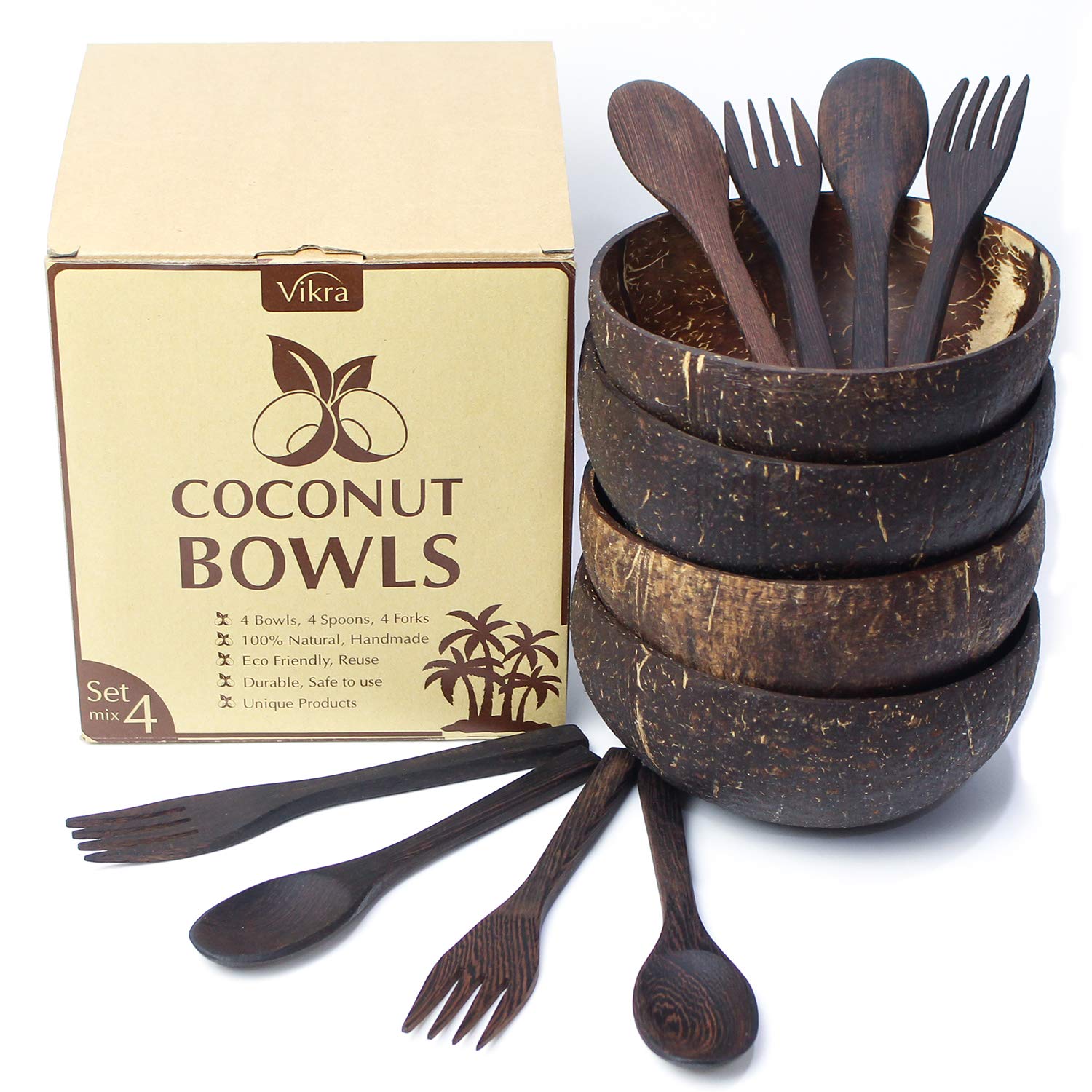 Vikra (Set mix 4) Vietnamese Coconut Bowls with Spoons and Forks 100% Natural, Handmade, Eco Friendly. Bowls for Kitchen, Salad Bowls, Smoothie Bowls, Acai Bowls, Vegans Gift, Decorations