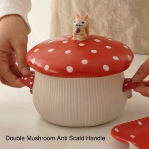 RESVUGA Large Soup Bowl, Double Mushroom Handle & Mushroom Lid - Safety Matt Ceramics 32oz Noodles Bowls, Use for Stew, Salad, Porridge & More.