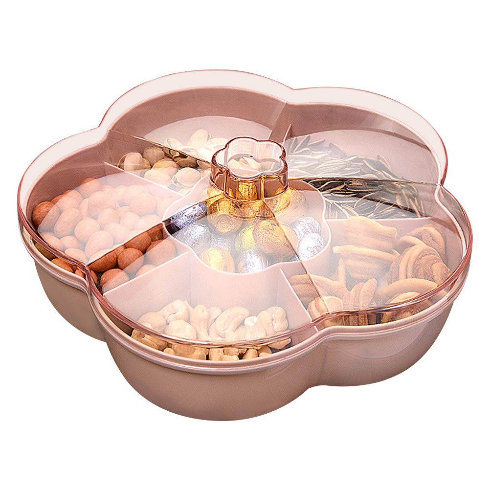 barsku Snack Storage Box Flower Shape Snack Serving Tray Snacks Storage Box With Lid, Food Fruit Storage Box, Dry Fruit Container with 6 Compartments for Nut Candy Dried Fruit (25 x 25x 6.3cm)