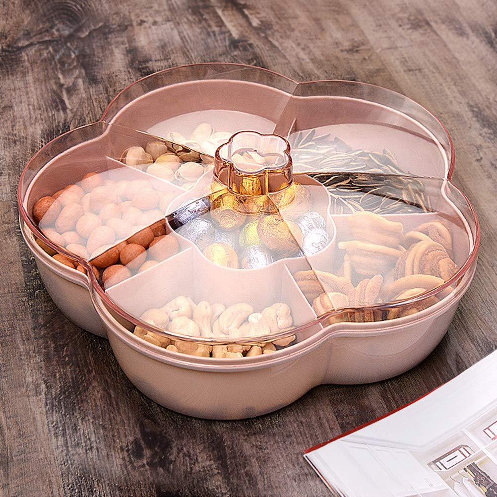 barsku Snack Storage Box Flower Shape Snack Serving Tray Snacks Storage Box With Lid, Food Fruit Storage Box, Dry Fruit Container with 6 Compartments for Nut Candy Dried Fruit (25 x 25x 6.3cm)