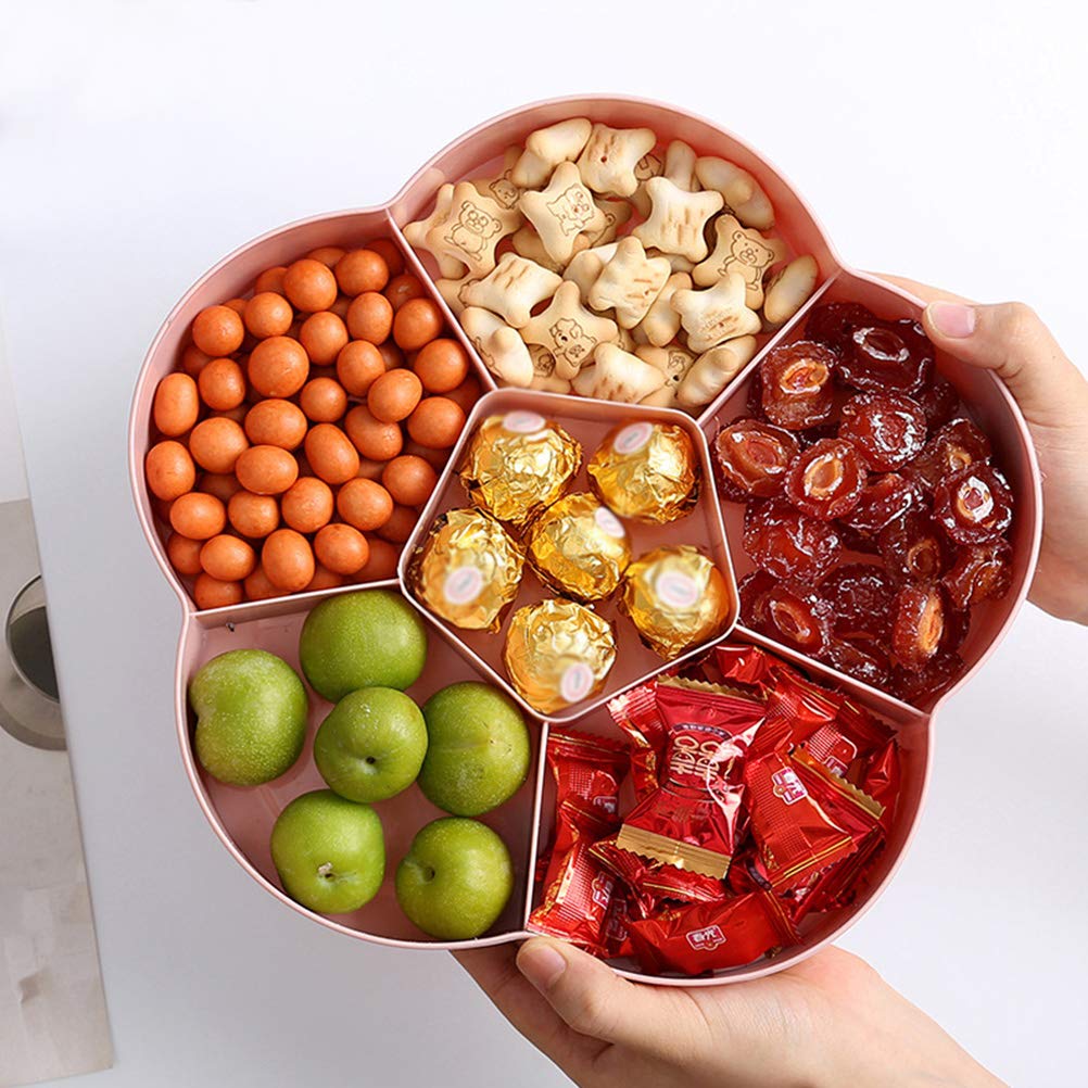 barsku Snack Storage Box Flower Shape Snack Serving Tray Snacks Storage Box With Lid, Food Fruit Storage Box, Dry Fruit Container with 6 Compartments for Nut Candy Dried Fruit (25 x 25x 6.3cm)