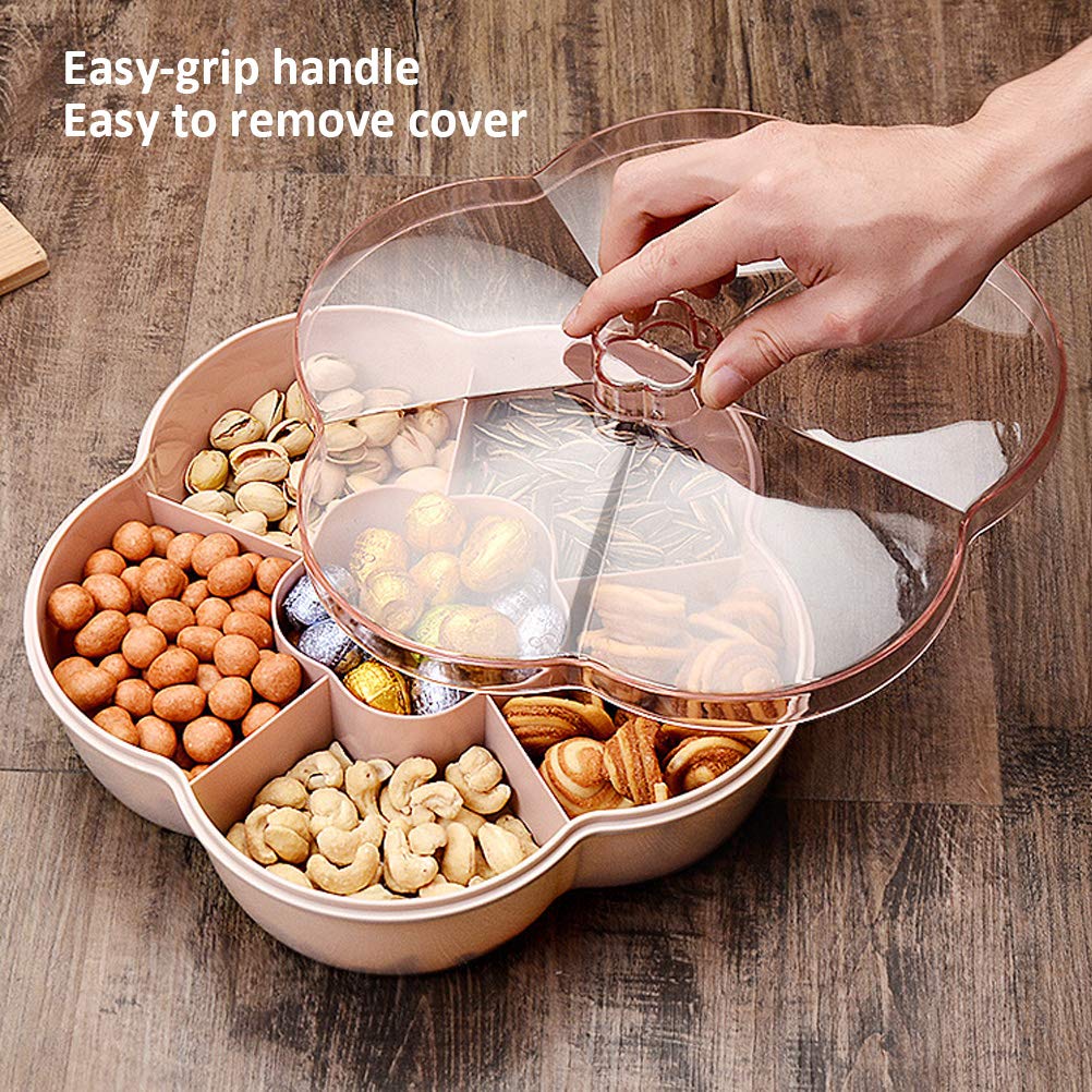 barsku Snack Storage Box Flower Shape Snack Serving Tray Snacks Storage Box With Lid, Food Fruit Storage Box, Dry Fruit Container with 6 Compartments for Nut Candy Dried Fruit (25 x 25x 6.3cm)