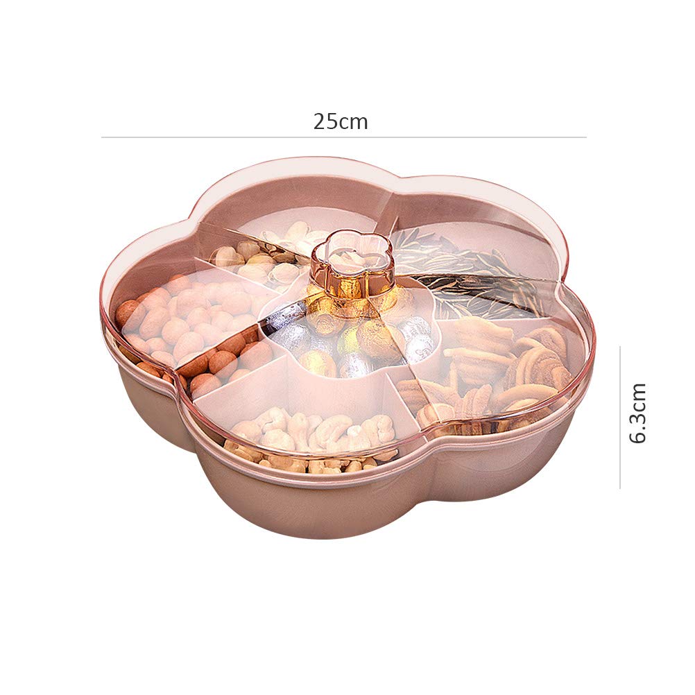 barsku Snack Storage Box Flower Shape Snack Serving Tray Snacks Storage Box With Lid, Food Fruit Storage Box, Dry Fruit Container with 6 Compartments for Nut Candy Dried Fruit (25 x 25x 6.3cm)