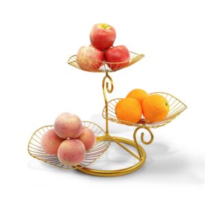 budo metal fruit basket, 3-tier decorative fruit bowl, wire vegetables snacks metal bowl storage trays table countertop, modern veggie holder stand for home kitchen centerpiece, gold