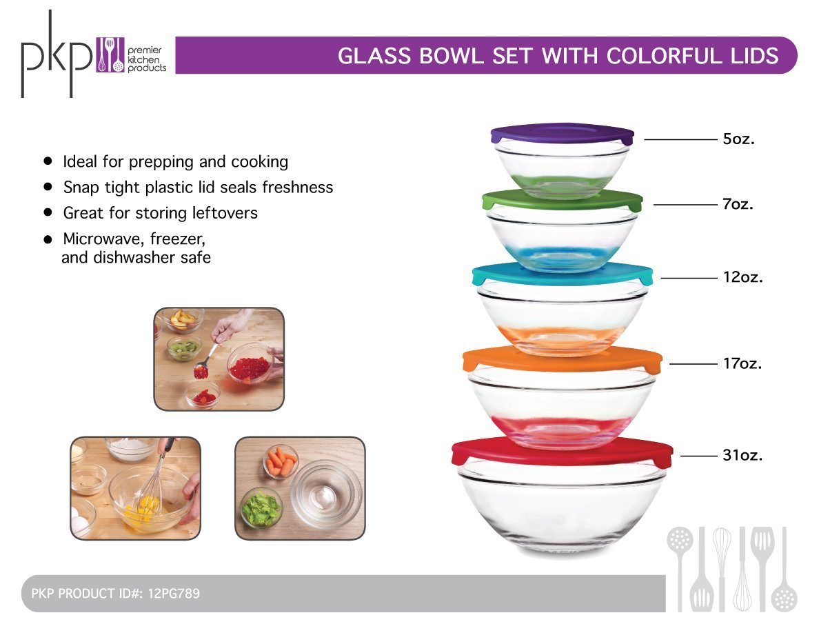 10 Piece Glass Bowl Set with Plastic Lids (Microwave, Freezer and Dishwasher Safe) by PKP