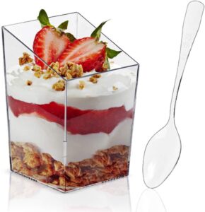 3 oz 90ml clear square dessert cups with spoons plastic dessert cake snack bowl disposable ice cream dessert bowls dessert cups tasting sample cup serving salad bowl party favor cups,pack of 24