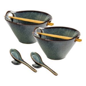 unicasa japanese ramen bowl set with chopsticks, spoons and rests, 26oz deep porcelain noodle bowl set of 2 for udon, pho, salad, soup (teal green)