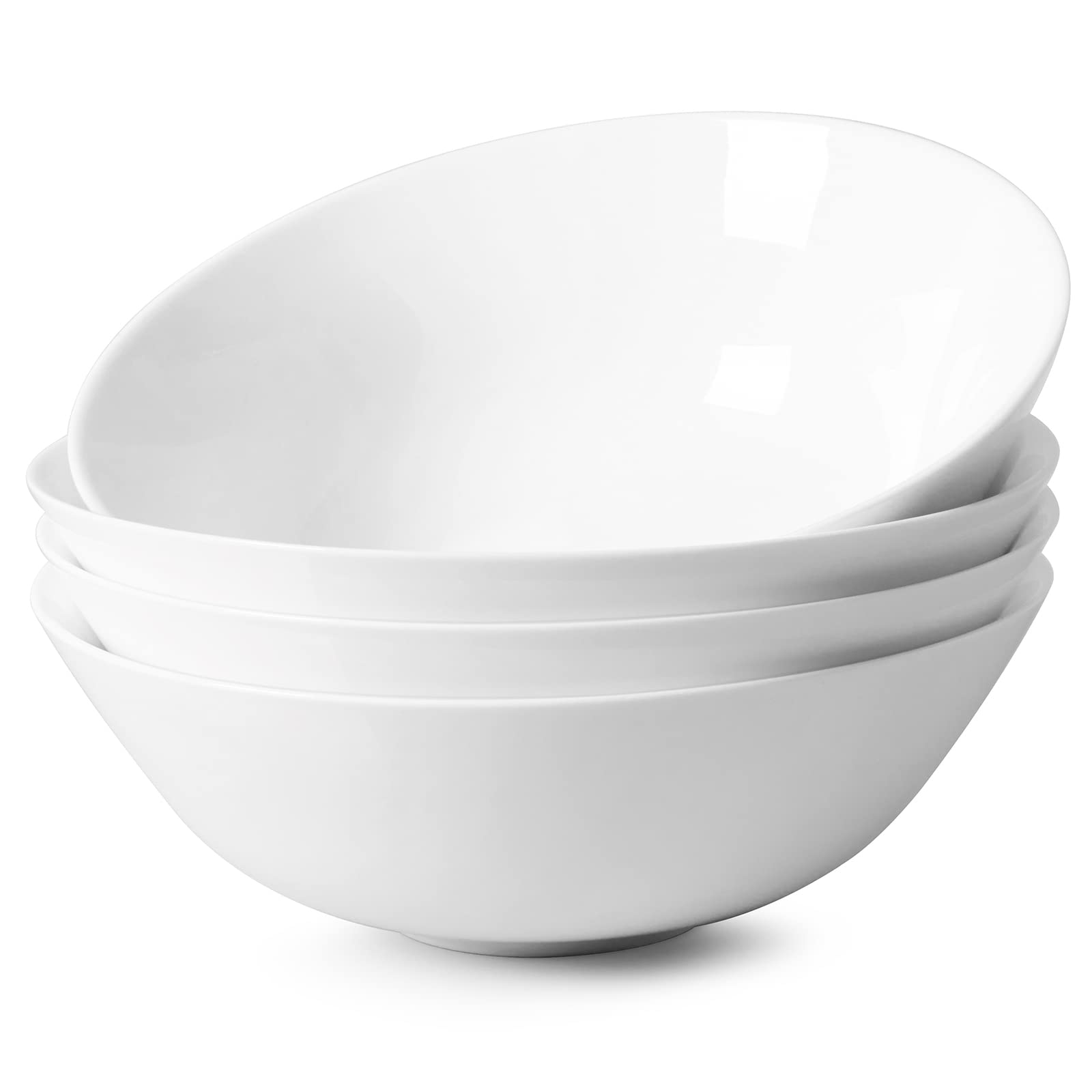 DOWAN Salad Bowls, 32 Oz Ceramic Pasta Bowls, 7 Inches Wide and Shallow Large Soup Bowls, White Bowls for Kitchen, Noodle Pho Ramen Salad Bowl Set, Set of 4