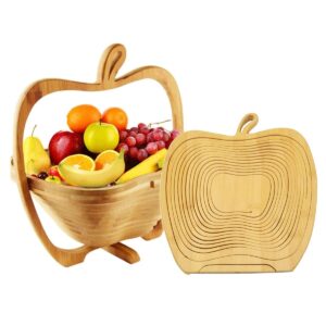 Natural Bamboo Foldable Fruit Basket 12“x11"- Collapsible Creative Apple Shaped Fruit Bowl Multifunction Heat Resistant Bamboo Trivets Pot Mat Hot Pan Pads for Kitchen Table