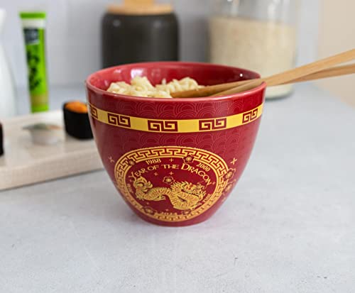 Boom Trendz Year Of The Dragon Chinese Zodiac Ceramic Set | Includes 16-Ounce Ramen Noodle Bowl and Wooden Chopsticks Asian Food Dish For Home & Kitchen Kawaii Lunar New Gifts, Red, One Size