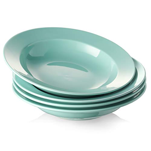 DOWAN Soup Bowls 20oz, Rim Pasta Bowls Plates, 9.5" Porcelain Salad Bowls Set of 4, Lake Blue, Microwave & Dishwasher Safe