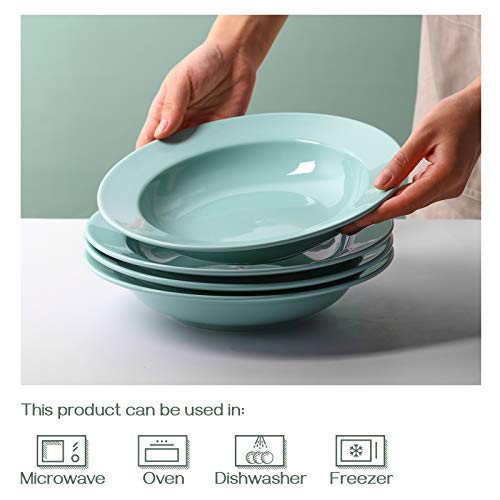 DOWAN Soup Bowls 20oz, Rim Pasta Bowls Plates, 9.5" Porcelain Salad Bowls Set of 4, Lake Blue, Microwave & Dishwasher Safe