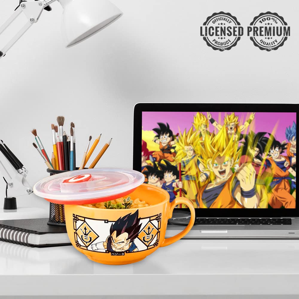 JUST FUNKY Dragon Ball Z 24 oz Ceramic Ramen Bowl with Lid | Microwaveable Soup Mug with Vented Lid | Goku & Vegeta Design Soup Bowl | Anime Gift | Dragon Ball Merch | Officially Licensed