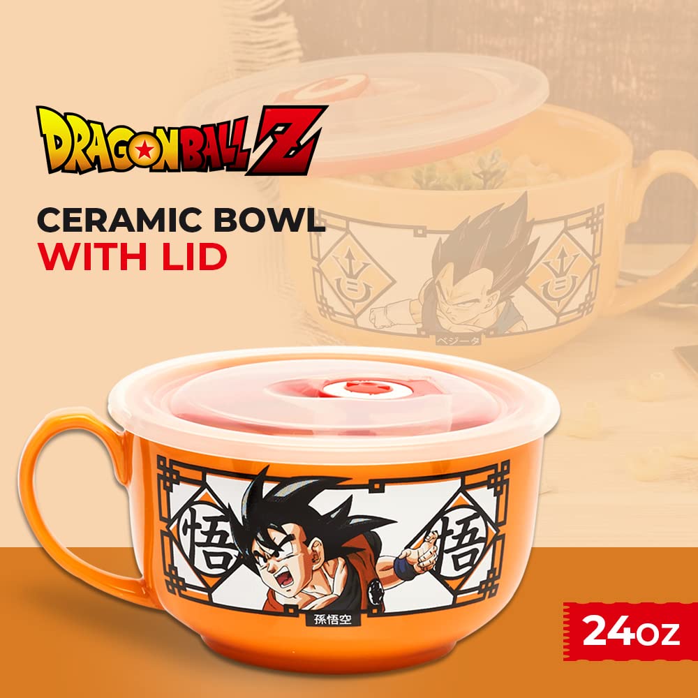 JUST FUNKY Dragon Ball Z 24 oz Ceramic Ramen Bowl with Lid | Microwaveable Soup Mug with Vented Lid | Goku & Vegeta Design Soup Bowl | Anime Gift | Dragon Ball Merch | Officially Licensed