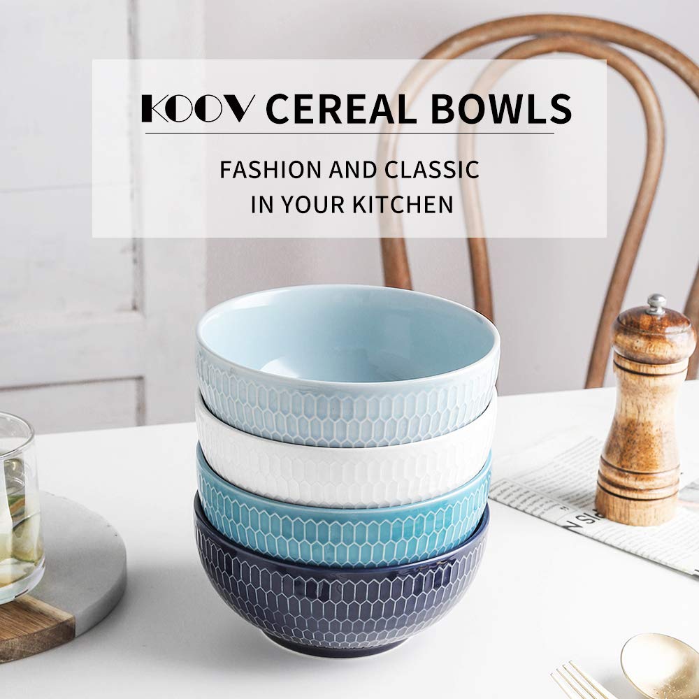 KOOV 24 Ounce Soup Bowl Set, Porcelain Cereal Bowls Microwave And Dishwasher Safe, Kitchen Bowls For Oatmeal Breakfast, Chip, Rice, Ceramic Bowls Set of 4 (Blue Series)