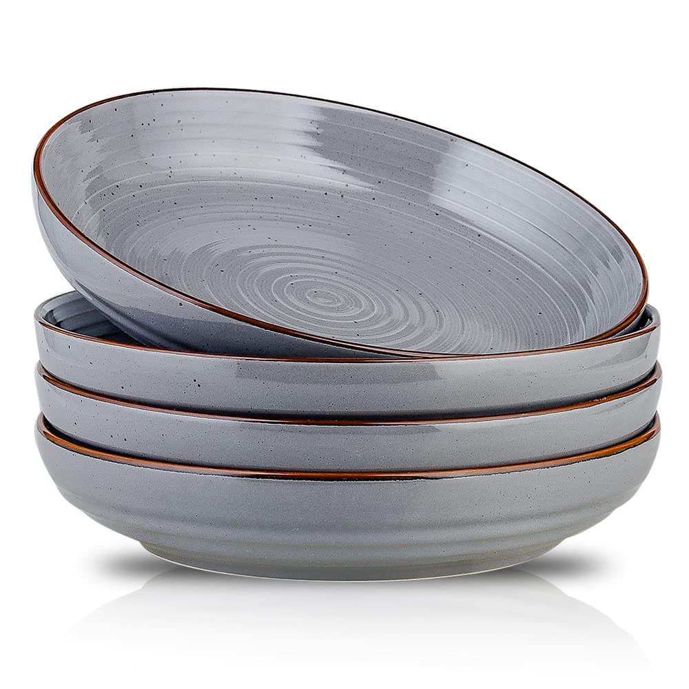 HVH 9.2 inch Large Pasta Bowls Set of 4, 40oz Big Salad Bowl Set of 4, Ceramic Plates Set, Shallow Bowls, Ceramic Bowls Set Microwave and Dishwasher Safe, Farmhouse Style (Grey)