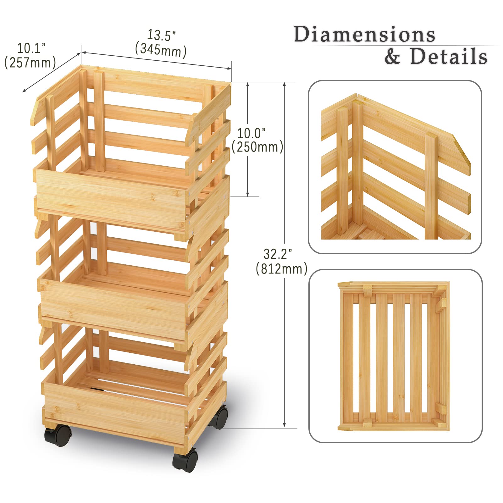 Merysen Fruits Basket for Kitchen Counter Detachable Fruit Basket Large 3-Tier Bamboo Fruit and Vegetable Storage Veggies Drinks Bread Snack