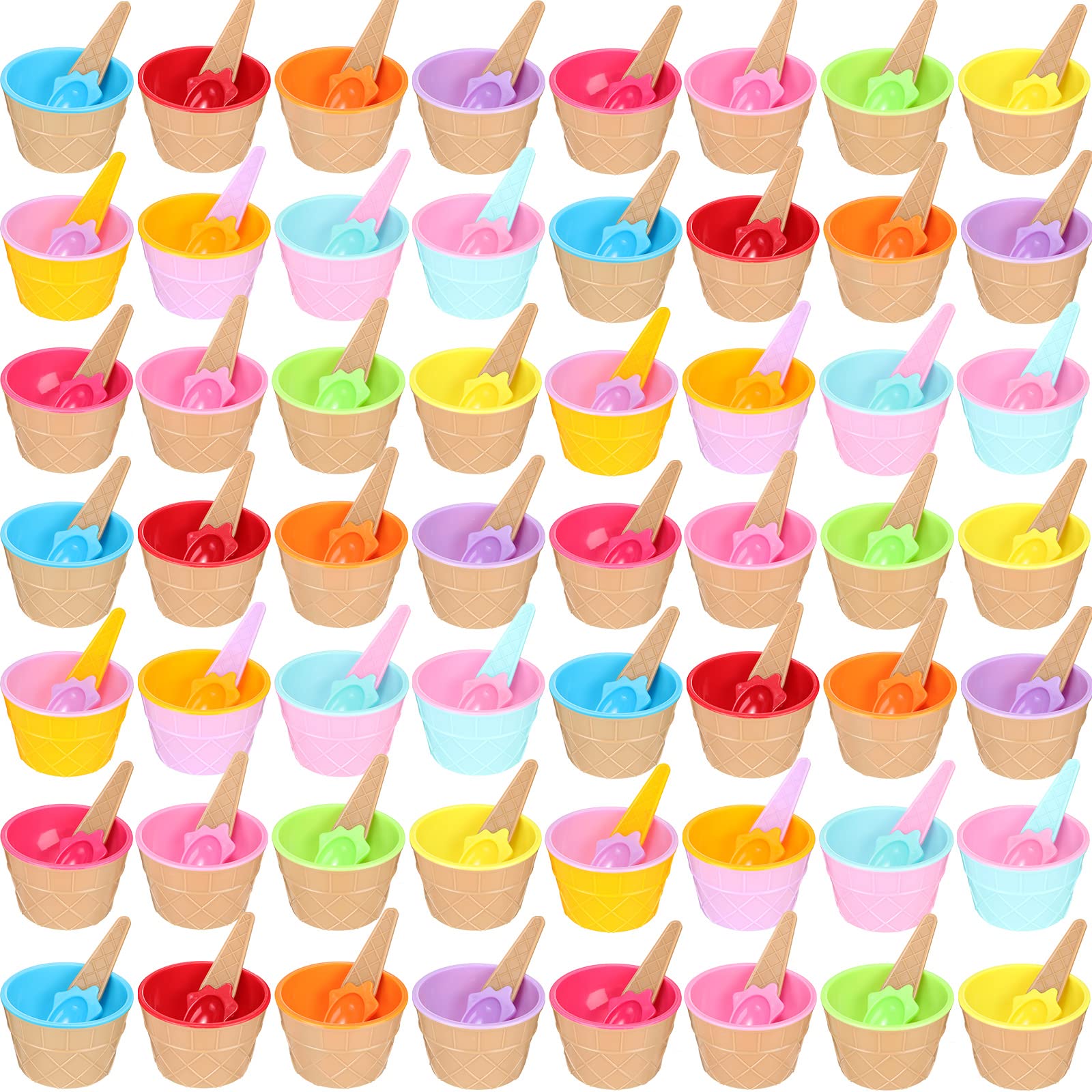 Didaey 60 Pack Ice Cream Bowls Spoons Set Plastic Ice Cream Cups Cartoon Candy Color Ice Cream Bowls Kit Dessert Sundae Frozen Yogurt Bowls for Kids DIY Baking Summer Holiday Birthday Party Supplies