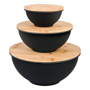 xuejun salad bowl with lid - 10 inch large salad bowl set of 3, bamboo fiber mixing bowl set for preparing & serving salad, pasta, fruits, vegetables, popcorn and chips