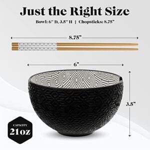 American Atelier Ramen Bowl with Chopsticks | Set of 2 | Soup Bowls for Kitchen | Udon Noodle Bowl with Chopsticks | Stoneware Rice Bowl | 6" Diameter (21 Oz) - Embossed Black Design