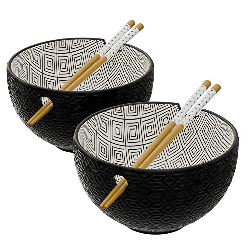 American Atelier Ramen Bowl with Chopsticks | Set of 2 | Soup Bowls for Kitchen | Udon Noodle Bowl with Chopsticks | Stoneware Rice Bowl | 6" Diameter (21 Oz) - Embossed Black Design