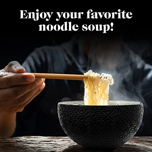 American Atelier Ramen Bowl with Chopsticks | Set of 2 | Soup Bowls for Kitchen | Udon Noodle Bowl with Chopsticks | Stoneware Rice Bowl | 6" Diameter (21 Oz) - Embossed Black Design