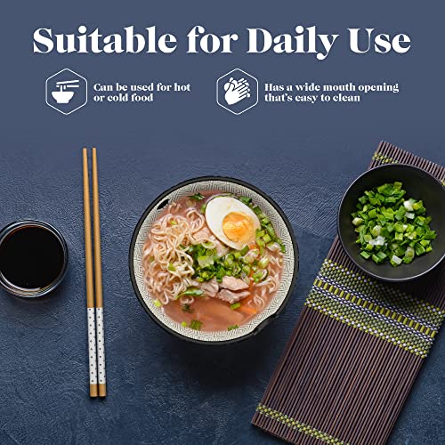 American Atelier Ramen Bowl with Chopsticks | Set of 2 | Soup Bowls for Kitchen | Udon Noodle Bowl with Chopsticks | Stoneware Rice Bowl | 6" Diameter (21 Oz) - Embossed Black Design