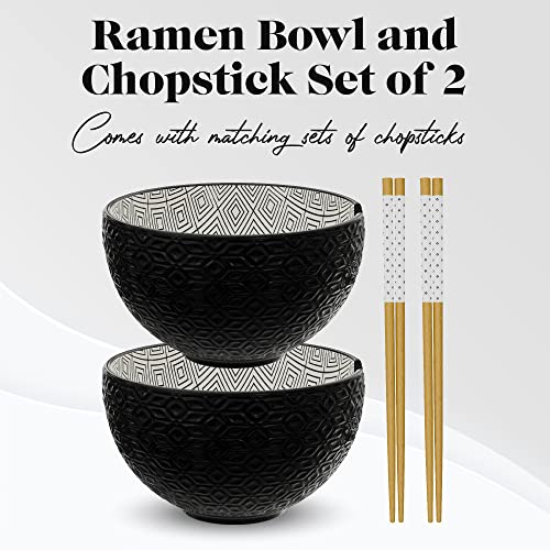 American Atelier Ramen Bowl with Chopsticks | Set of 2 | Soup Bowls for Kitchen | Udon Noodle Bowl with Chopsticks | Stoneware Rice Bowl | 6" Diameter (21 Oz) - Embossed Black Design