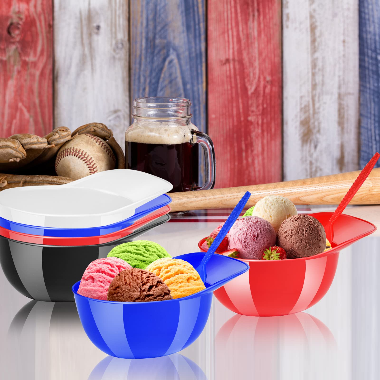 24 Pieces Baseball Helmet Ice Cream Snack Bowl 8 oz Mini Baseball Cap Bowls Mini Plastic Sundae Bowls Kid Helmet Bowl with 24 Dessert Spoons for Birthday Party Supplies (Red, Blue, Black, White)