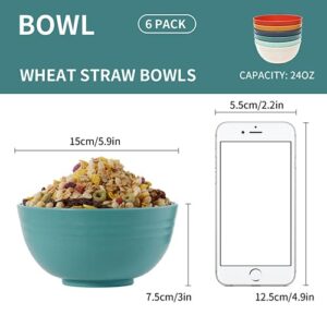 FDBTL 24OZ Cereal Bowls Set of 6 Unbreakable Wheat Straw Bowls Lightweight Dishwasher & Microwave Safe Bowl Set Reusable BPA Free for Soup Rice Salad Ramen Salad Fruit