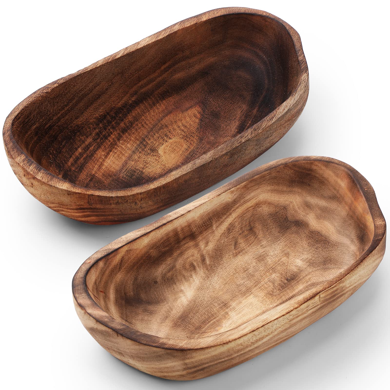 2 Pcs Wooden Dough Bowls for Decor 10 Inch Decorative Bowl Home Decor Oblong Fruit Bowl for Kitchen Counter Rustic Carved Wood Serving Bowl Long Wooden Bread Tray for Dining Room Table Centerpiece