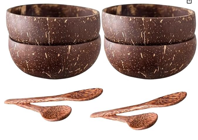 HVT Global Coconut Bowls and Spoons set of 4-100% Natural, Organic, Eco-Friendly Coconut Bowls and Spoons Made in Ben Tre, Vietnam (Set of 4 coconut bowls and 4 spoons)