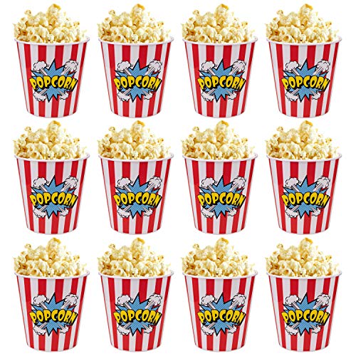 Tebery 12 Pack Plastic Popcorn Tubs Reusable Popcorn Containers Stackable Buckets With Fun Design