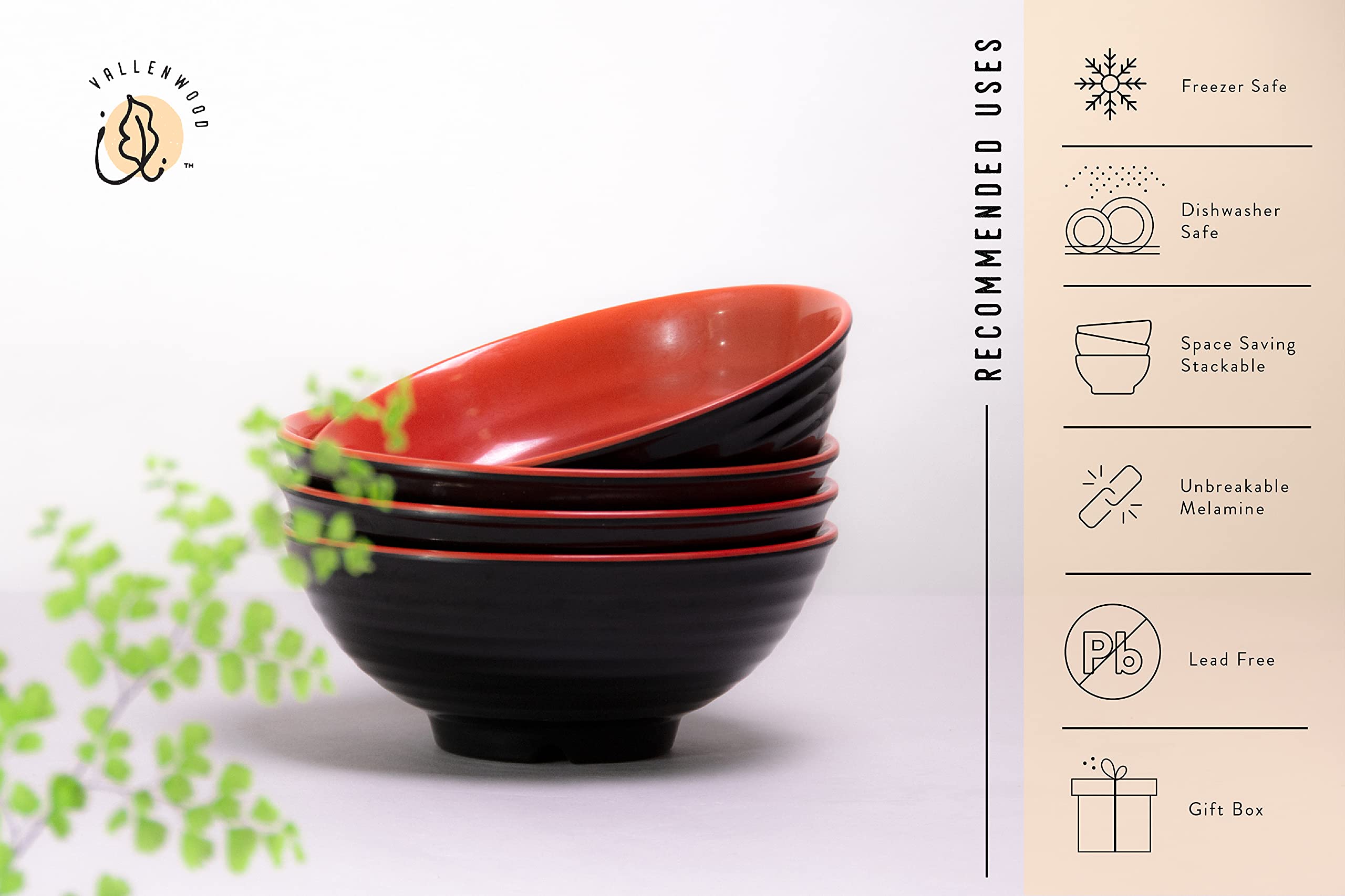 VALLENWOOD 6 Ramen Bowls, 18 pieces Pho set. Red Black Asian Japanese soup. Utensil: Spoons And Chopsticks kit. Melamine. Large 37 oz. Noodles, Rice, Udon, Thai, Chinese, Korean, Wonton, Miso