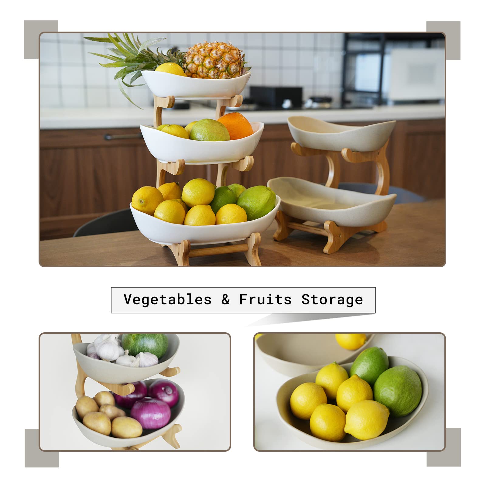 Mangoton 3 Tier Fruit Basket for Kitchen Counter,Ceramic Fruit Bowl,Large Fruit Bowls for Fruit and Vegetable Storage,Fruteros para Cocina,White