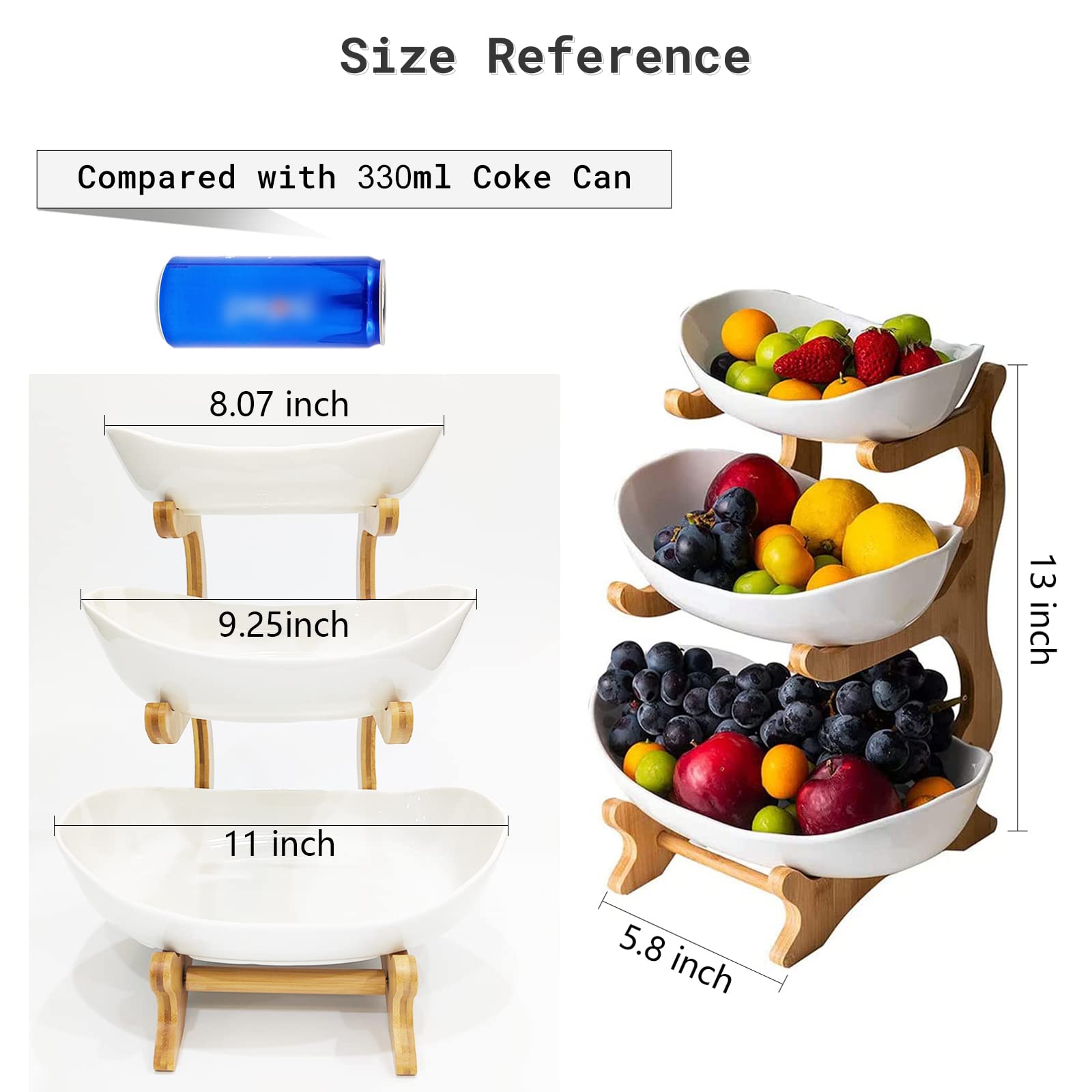 Mangoton 3 Tier Fruit Basket for Kitchen Counter,Ceramic Fruit Bowl,Large Fruit Bowls for Fruit and Vegetable Storage,Fruteros para Cocina,White