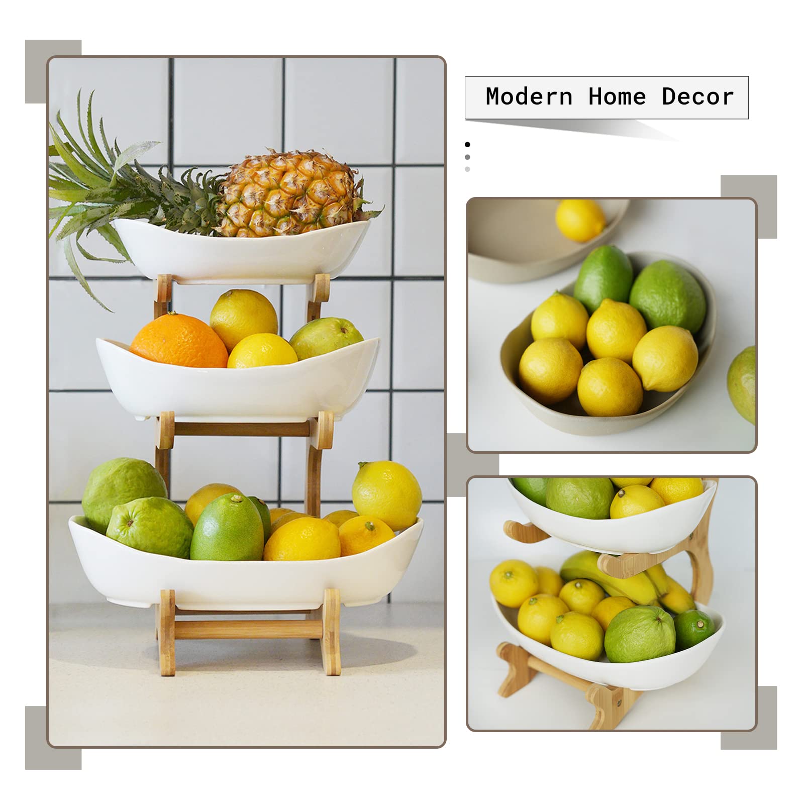 Mangoton 3 Tier Fruit Basket for Kitchen Counter,Ceramic Fruit Bowl,Large Fruit Bowls for Fruit and Vegetable Storage,Fruteros para Cocina,White