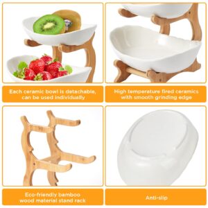 ERFEI Fruit Bowl Oval Ceramic Bowls with Wood Rack Tied Serving Tray Food Display Stand Bowl for Kitchen Counter, Home, Parties (3 tier)